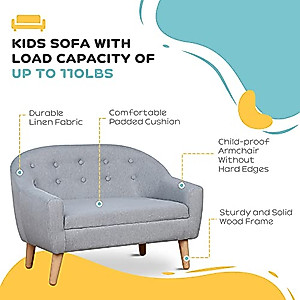 Qaba 2-Seat Kids Sofa Linen Fabric and Wooden Frame Sofa for Kids and Toddlers Ages 3-7, 11" High Seat, Gray