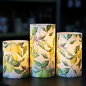 Silverstro Lemon Flameless Candles with 10-Key Remote, Lemon Tree Decal Real Wax LED Candles, Flickering Battery Operated Candles for Room Christmas Party Home Botanical Decor - Set of 3