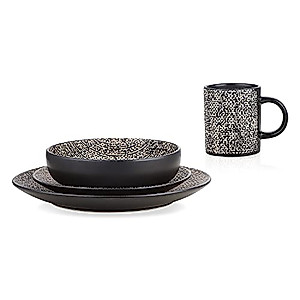 Stone + Lain Sophie Rustic Stoneware Dinnerware Service for 4, Brown and White Textured, 16 Pieces