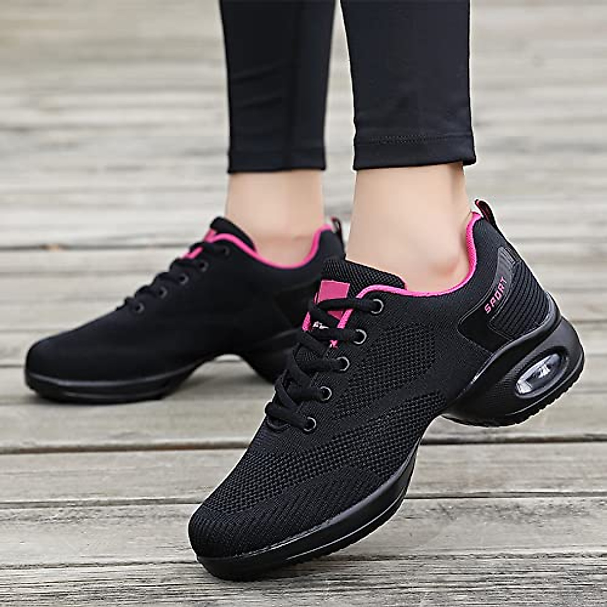 RUYBOZRY Women's Jazz Breathable Air Cushion Split Sole Athletic Walking Lace Up Dance Sneakers,2027WM-Black,US 6.5