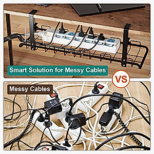 Under Desk Cable Management Tray, iSPECLE 21" Cable Management No Drill for Wire Management with Anti-Scratch Mats, Removable Desk Cable Management Tray with Clamp Mount for Office and Home