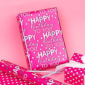 MAYPLUSS Reversible Birthday Wrapping Paper Roll - Mini Roll - 17.3 Inch X 32.8 Feet - Rose Red Birthday Text with Glitter Metallic Foil Design (47.3 sq.ft.ttl)