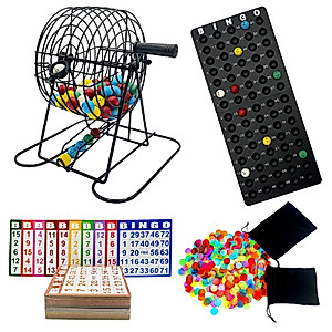 JUNWRROW Deluxe Bingo Game Set-includes Bingo Cage,600 Colorful Bingo Chips with a Bag,100 Mixed Bingo Cards,75 Calling Balls with a Bag,Plastic Master Board-Ideal for Large Groups, Parties