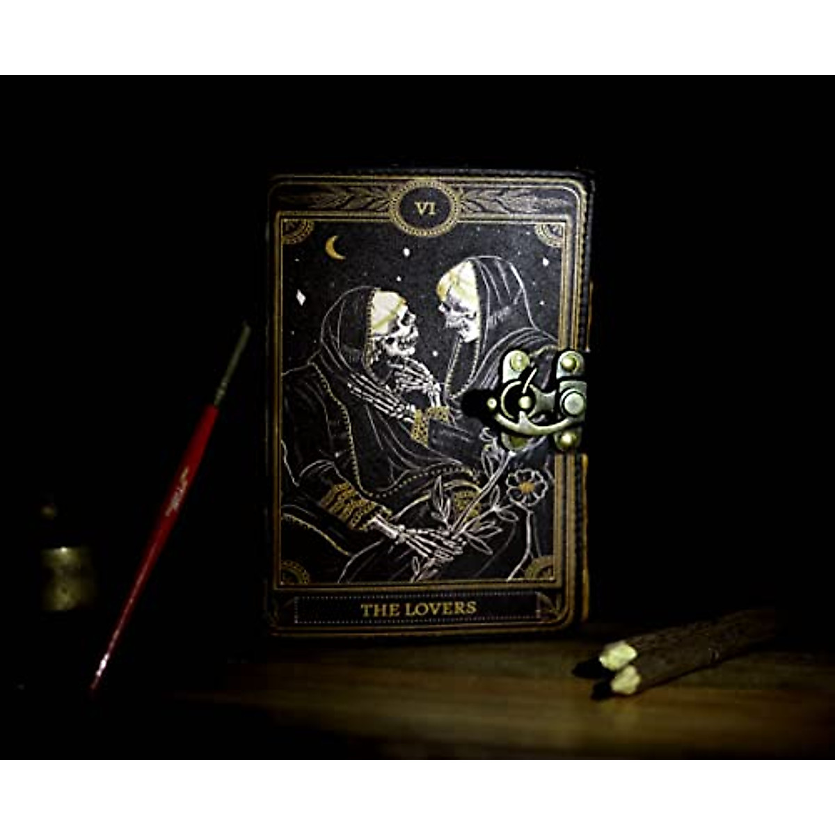Book of Spells Leather Journal Deckle Edge Paper Grimoire Printed Journal The Lovers Tarot Notebook Spiral Gothic Notebook Skull lover Antique Vintage Leather Journals for Men and Women