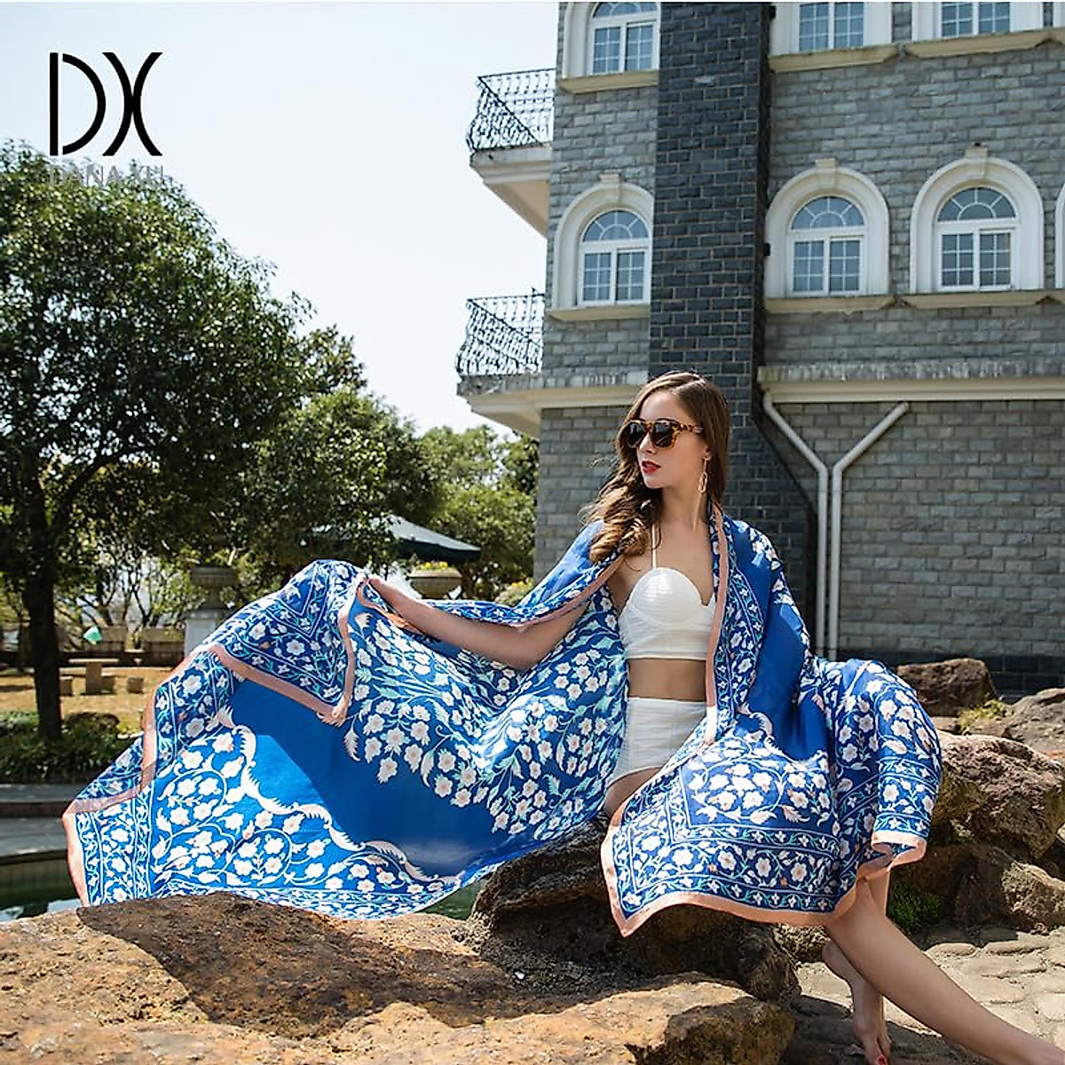 DANA XU 100% Mulberry Satin Silk Summer Travel Scarf Extra Large Women Floral Shawl Oversize Soft Wraps For Evening Dresses