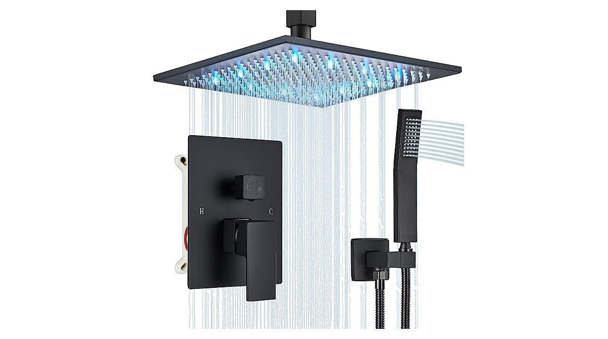 12" Matte Black LED Rainfall Shower System | Saetow