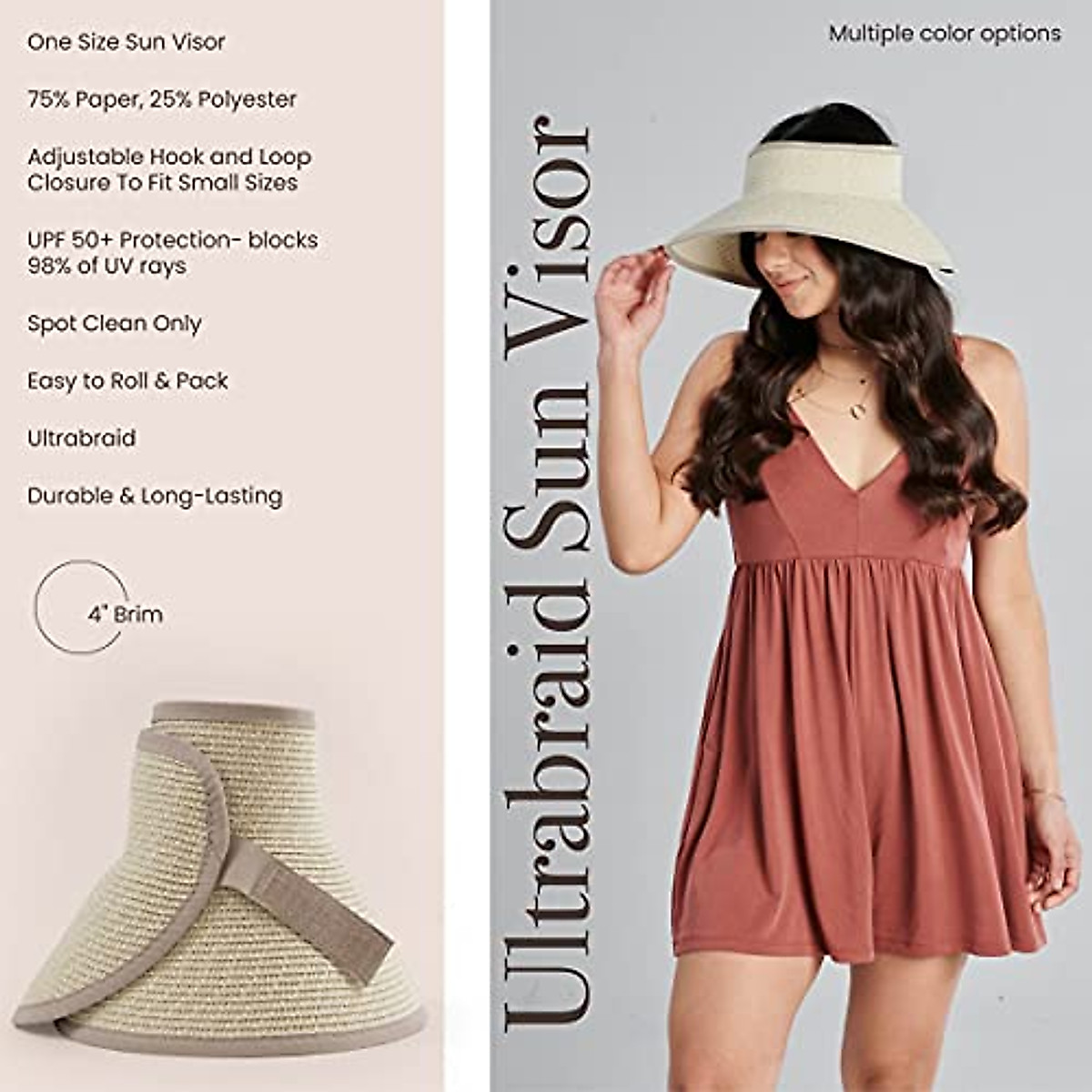 San Diego Hat Company Signature Women's Ultrabraid Large Brim Visor with Ribbon Binding & Sweatband, Sun Hats for Women, Multi Natural