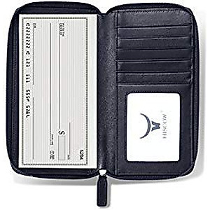 HISCOW Zippered Checkbook Cover & Card Holder with Divider - Italian Calfskin (Black)