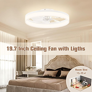 VOLISUN Low Profile Ceiling Fans with Lights and Remote, 19.7in Fandelier Ceiling Fan Flush Mount, 3000K-6500K Smart Bladeless LED Fan Light, White Modern Ceiling Fans with Lights for Bedroom