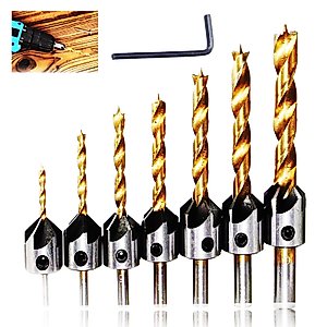 Tomato Palace Countersink Drill Bit Set 7 PCS Titanium Coated Counter Sinker Drill Bit Set for Wood High Speed Steel, Woodworking Carpentry Reamer Tool Set with Hex Key Wrench