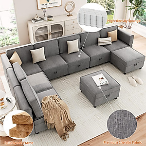 GAOMON 139.4" Chenille Reversible Sectional Sofa, 9-Seater Modular Sectional Sofa, Comfy Sectional Sleeper Sofa Couch with Chaise, U-Shape Modular Couch with Storage Seats & Ottomans, Grey