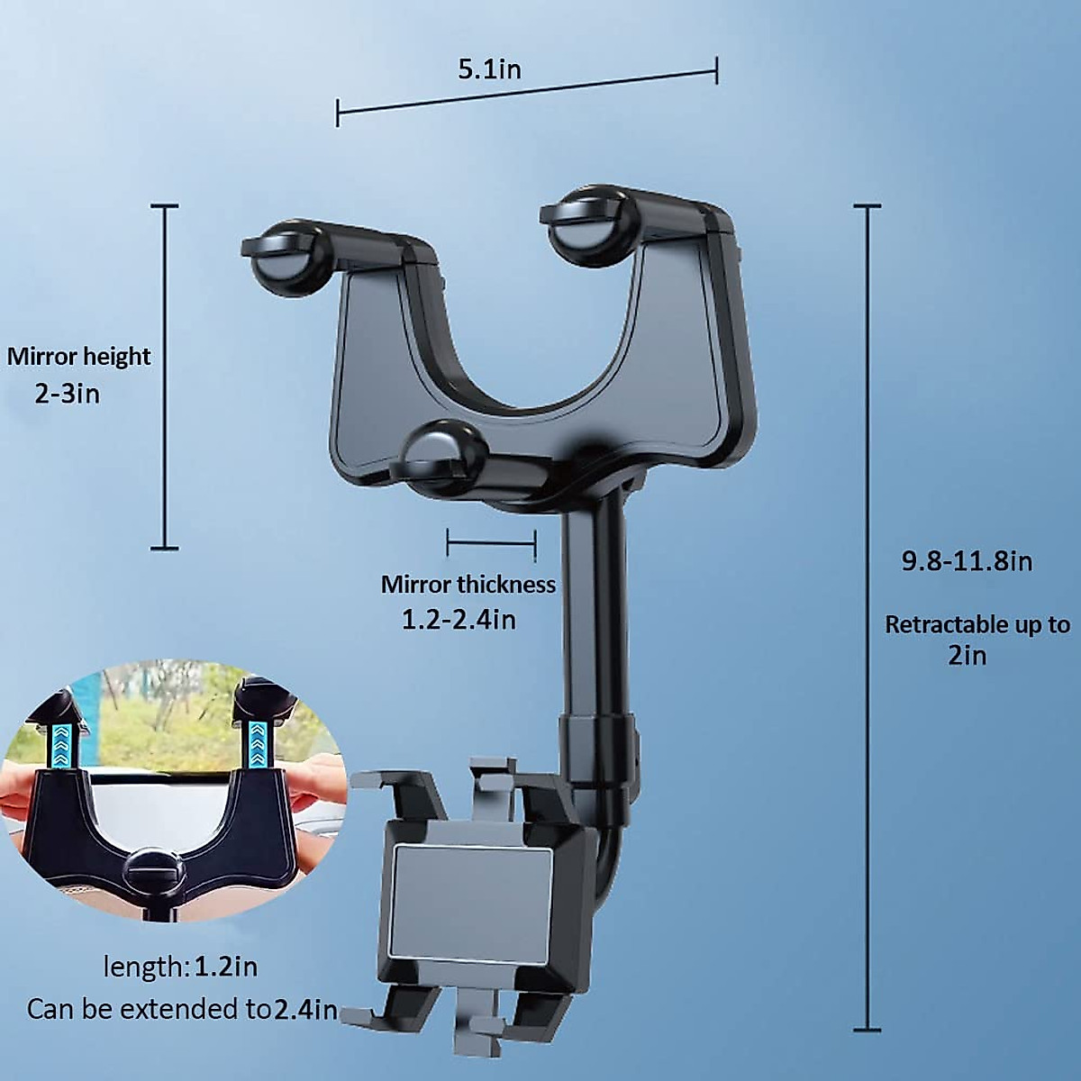 Kairiyard Car Phone Holder Mount, Car Rearview Mirror Phone Holder 360°Rotatable and Retractable Multifunctional Universal Cell Phone Mount Stand for All Mobile Phones