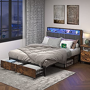 Meitewei Queen Bed Frame with Hidden Storage Headboard and 2 Drawers, LED Smart Bed Frame with Charging Station, Metal Platform Bed Frame Queen Size, No Box Spring Needed, Noise Free, Black