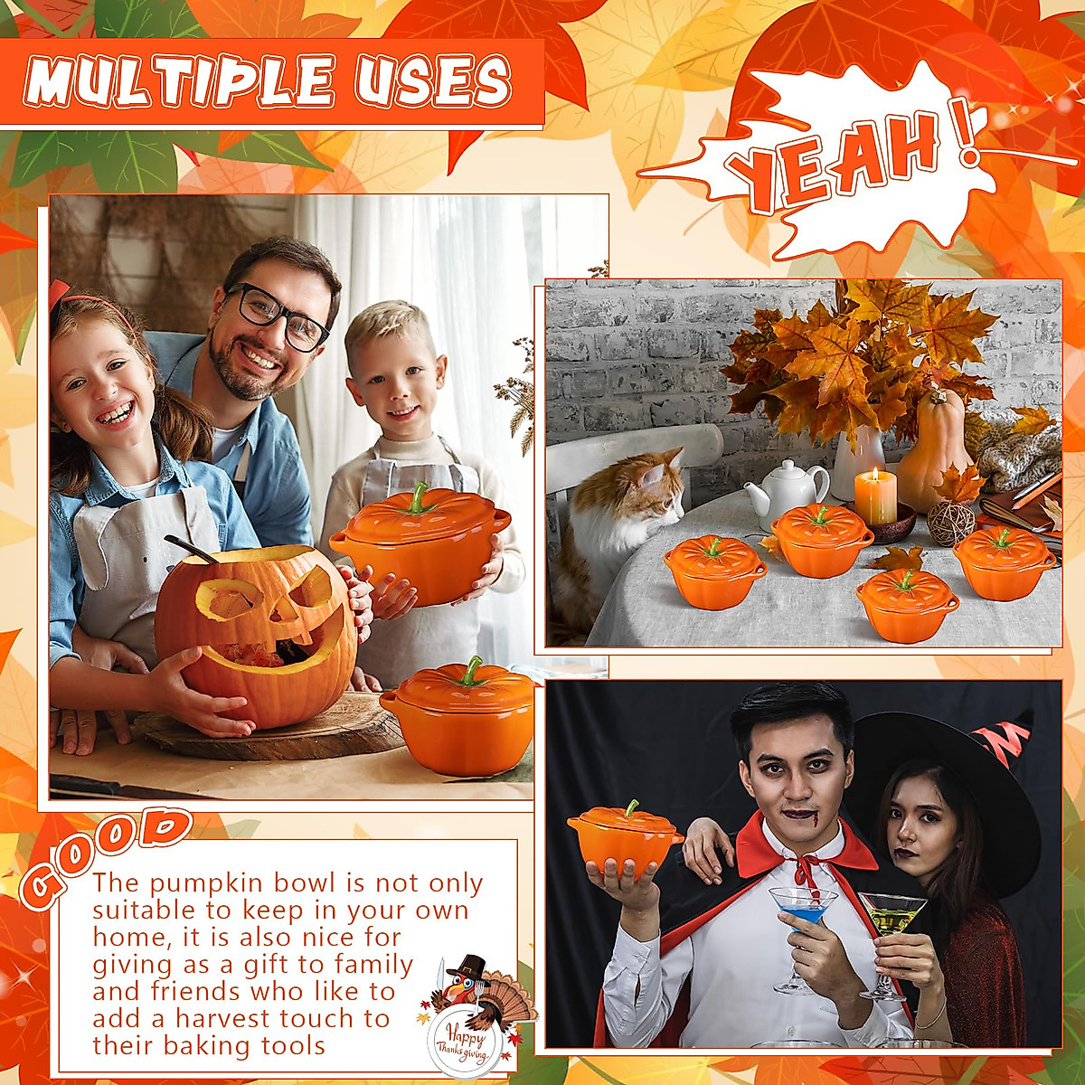 Ziliny 2 Pcs Pumpkin Bowls Ceramic Pumpkin Dish 13 oz Casserole Cookware Serving Pot Pumpkin Safe Oven Pot with Lid and Handle for Fall Halloween Thanksgiving Autumn Cooking Baking Dessert