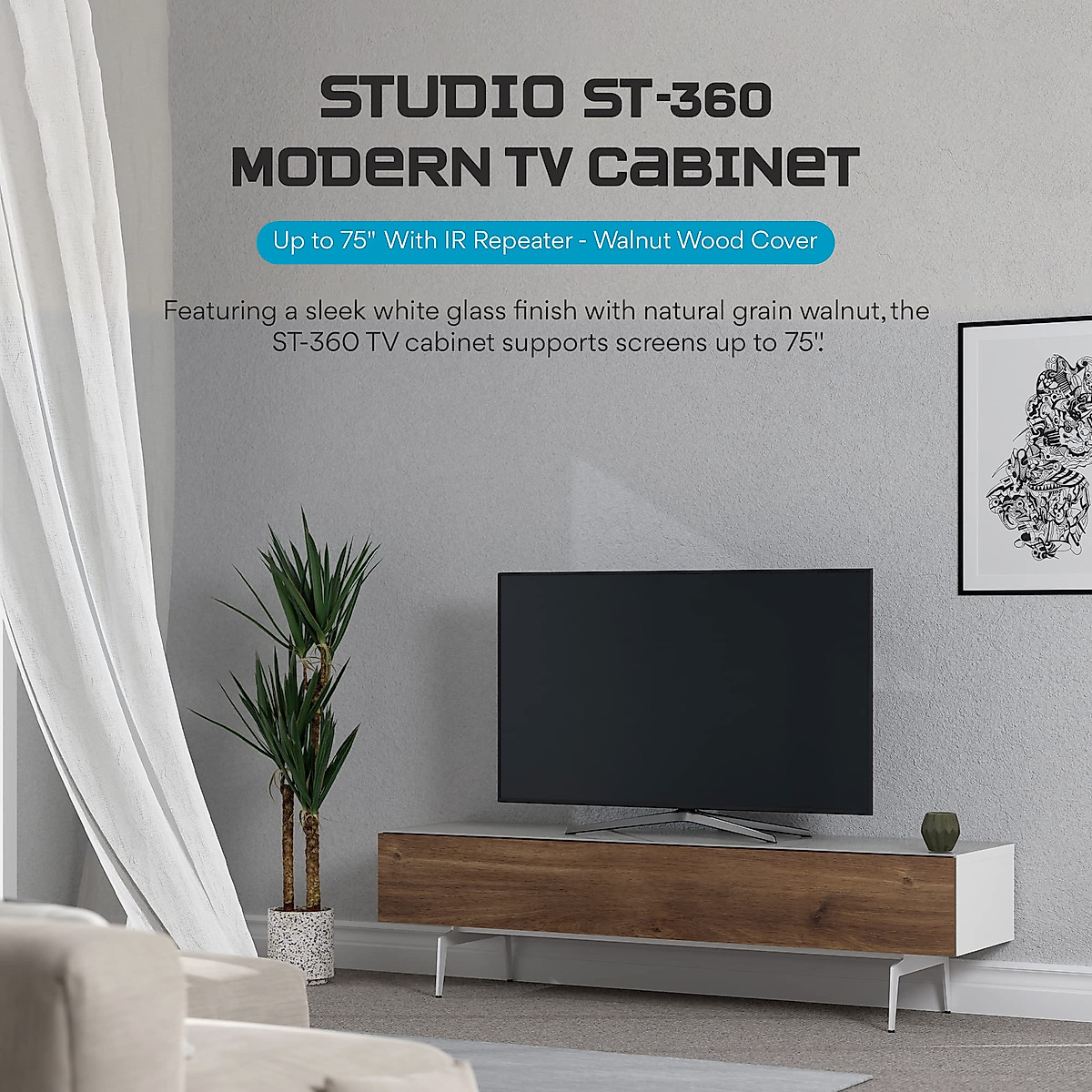 SONOROUS ST-360 Premium TV Stand for Living Room - Luxury Wood & Glass Media Console with Metal Legs - Modern Media Furniture with Storage - White TV Table Support up to 75" - Walnut Wood Cover