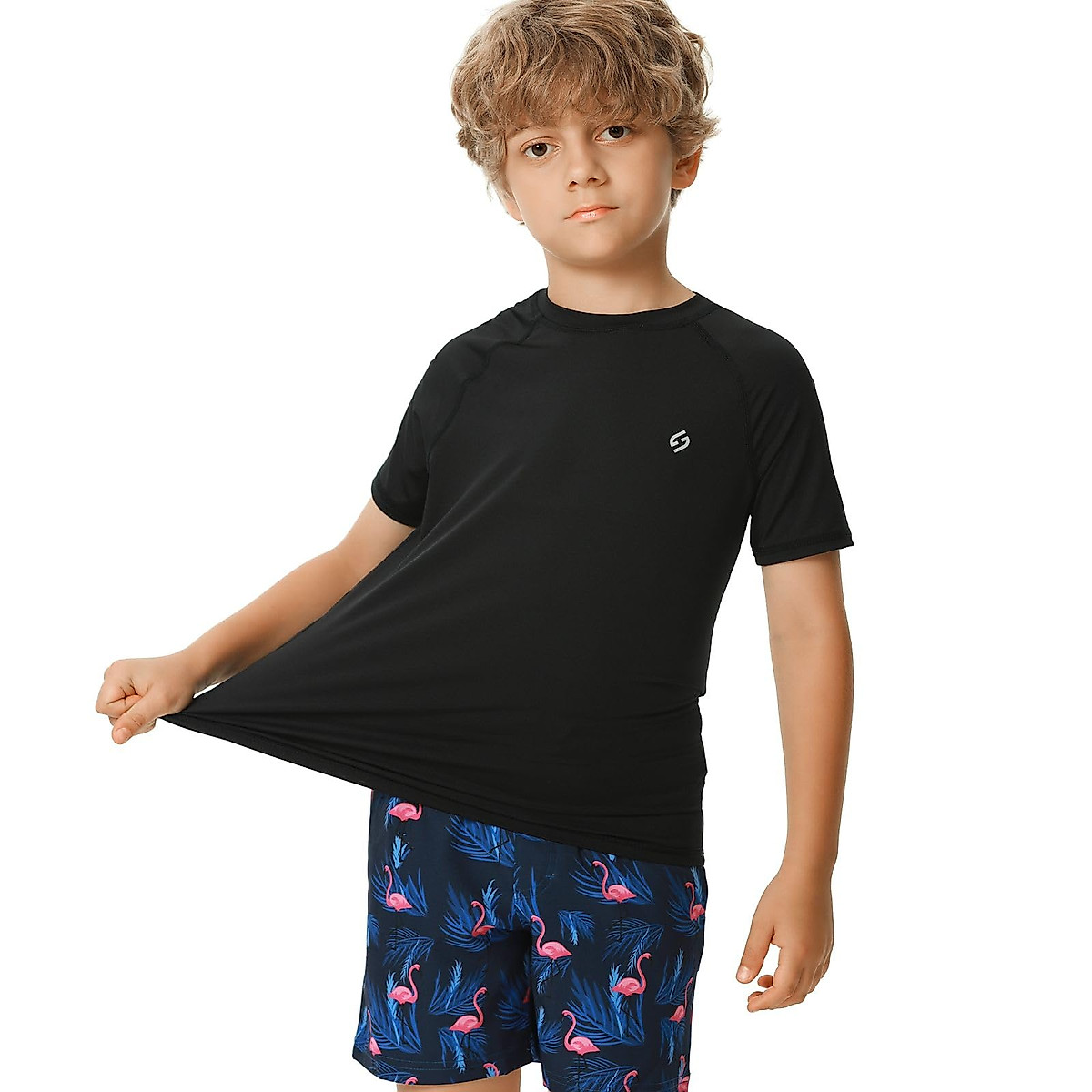 HODOSPORTS Boys UPF 50+ Rash Guard Swim Shirts Short Sleeve Quick Dry UV Protection Sun Shirt Black