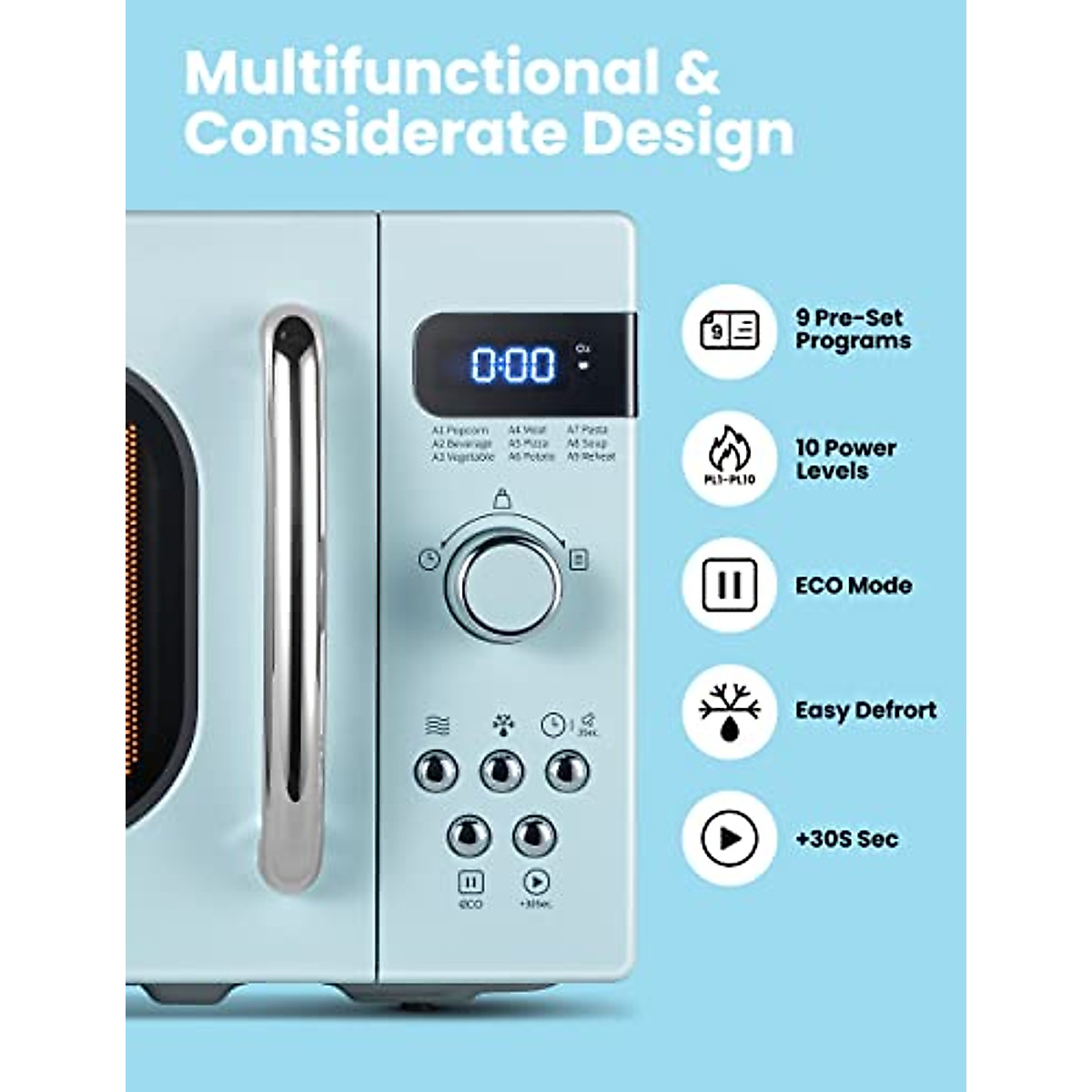 COMFEE' Retro Small Microwave Oven With Compact Size, 9 Preset Menus, Position-Memory Turntable, Mute Function, Countertop Microwave For Small Spaces, 0.7 Cu Ft/700W, Green, AM720C2RA-G