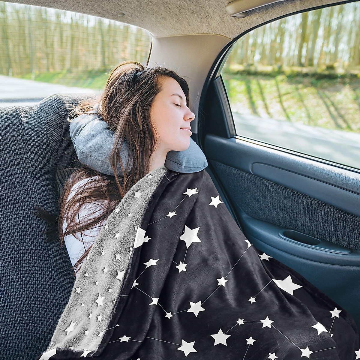 Shing Stars Travel Blanket Pillow for Long Plane Flight Soft Airplane Blanket with Soft Bag Pillowcase Travel Essentials for Home Office Camping Adults Car Train Bus