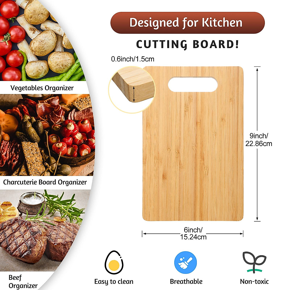 Lounsweer 6 Pcs Thicken Cutting Board Bamboo Bulk Kitchen Chopping Board Serving Wood Board Charcuterie Boards for Laser Engraving Thanksgiving Housewarming Gift(9 x 6 x 0.6 in)