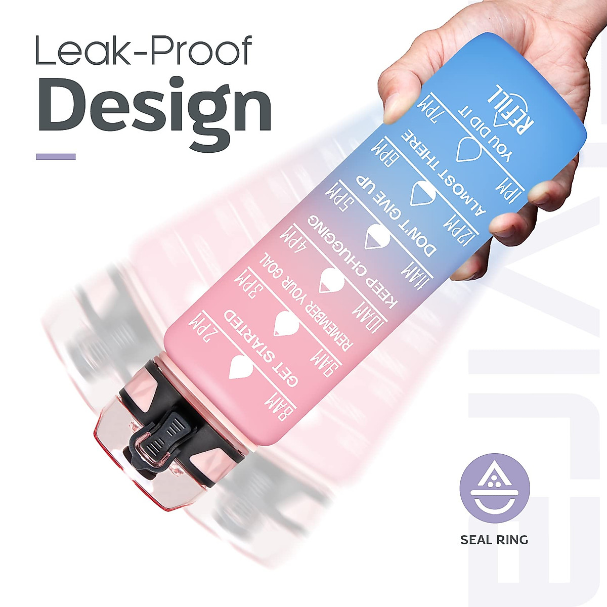 Elvira 32oz Motivational Fitness Sports Water Bottle with Time Marker & Removable Strainer,Fast Flow,Flip Top Leakproof Durable BPA Free Non-Toxic-Grape/Green Gradient, Tritan