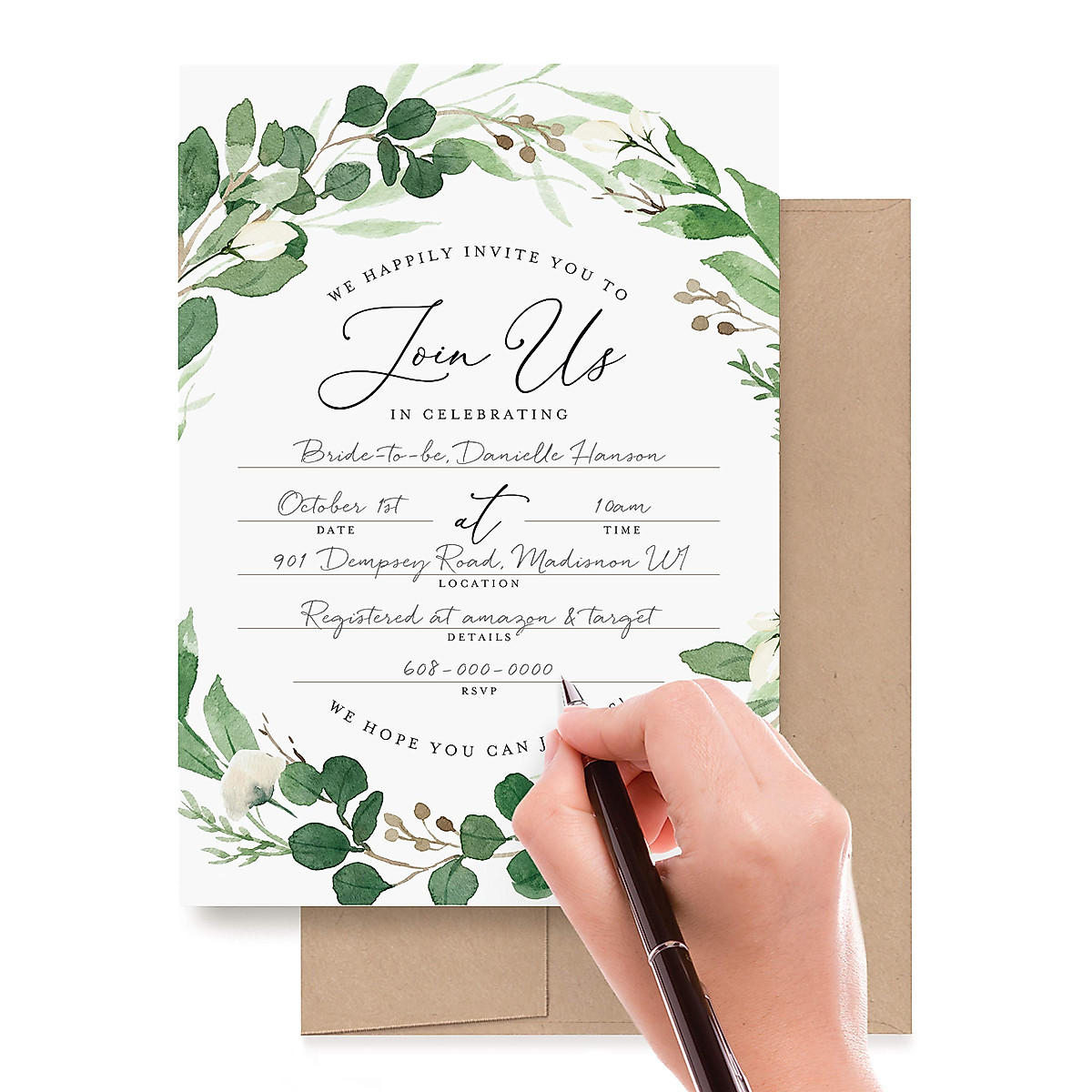 Bliss Collections Invitations with Envelopes for All Occasions, Invites Perfect for: Weddings, Bridal Showers, Engagement, Birthday Party or Special Event, Pack of 25 5x7 Cards - Eucalyptus