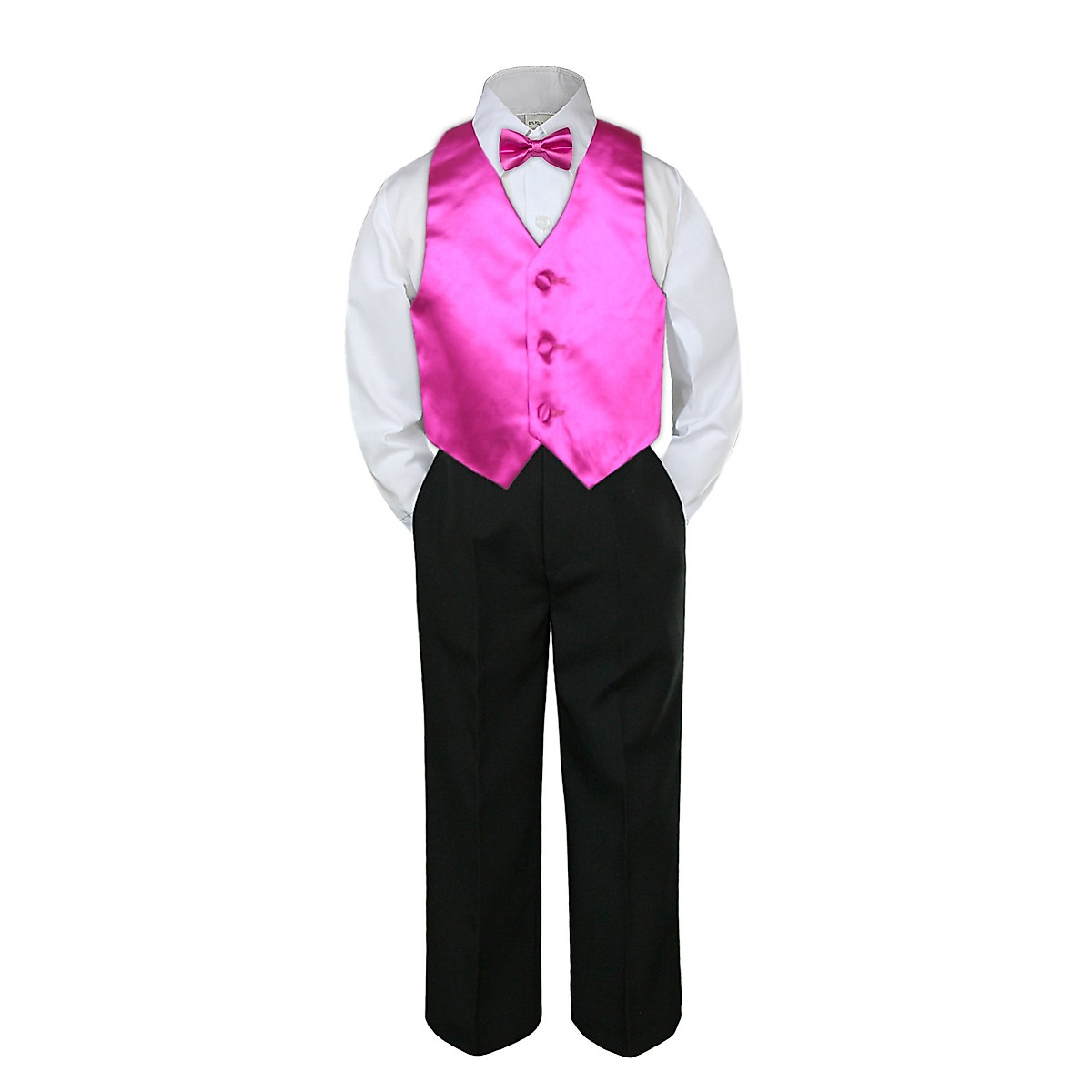 4pc Baby Toddler Kid Boy Party Suit Black Pants Shirt Vest Bow tie Set Sm-4T (4T, Fuchsia)