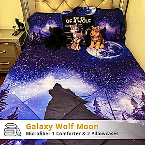 ENCOFT Wolf Comforter Set Queen Size, 3 Piece Vivid Blue Night Sky Howling Wolf Bedding Comforter Sets with 2 Pillowcases, Lightweight Soft Wild Animal Wolf Comforter Set for Kids, Boys, Teen