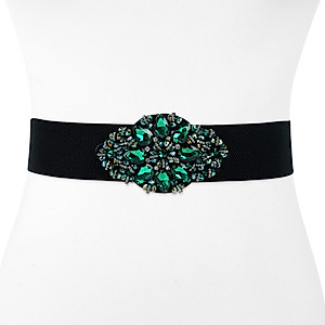 E-Clover Fashion Floral Rhinestone Buckle Women's Elastic Waist Cinch Belt for Dress for Waist Size 25''-32''(Green1)