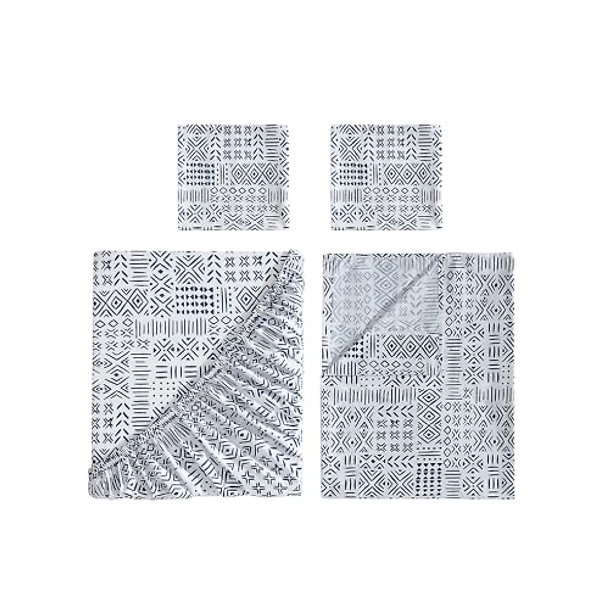 Indigo Ink - Queen Size Sheet Set, 4-Piece Boho Geometric Patterned Bedding, Soft & Wrinkle Resistant (White Denim Collection, Navy Blue)