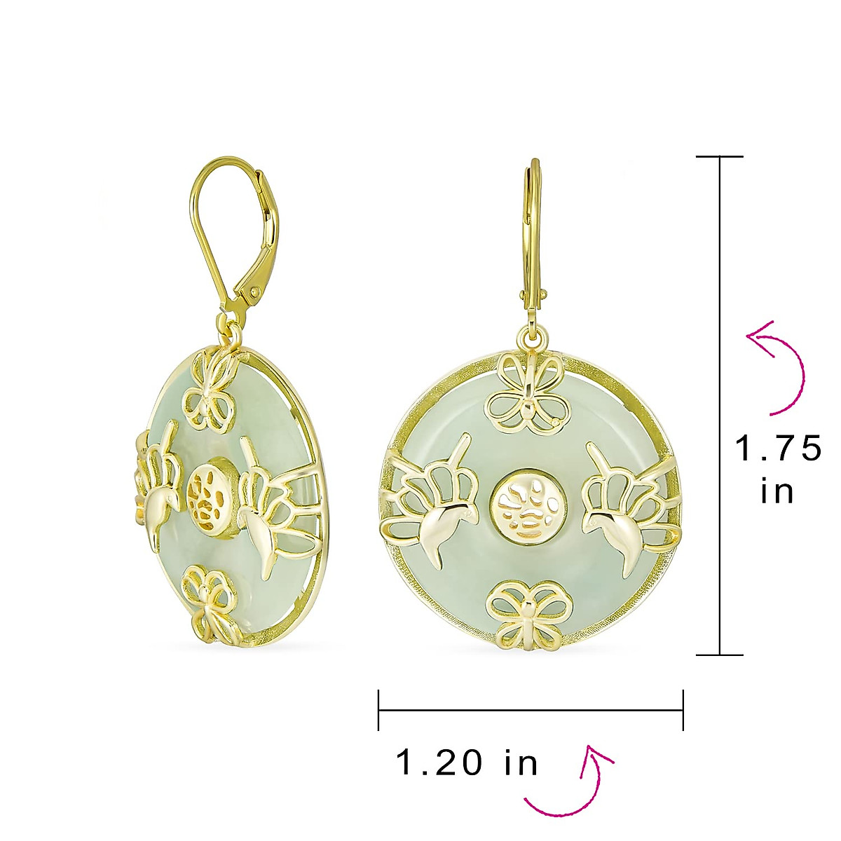 Asian Style Dangle Circle Round Donut Good Fortune Light Green Jade Butterfly Disc Drop Statement Earrings For Women 14K Gold Overlay .925 Sterling Silver Lever Back