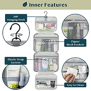 PAVILIA Hanging Toiletry Bag Travel Bag Women Men, Foldable Cosmetic Organizer, Roll up Makeup Bag, Water Resistant Accessories Toiletries, Large Travel Essentials Kit (Grey Floral)