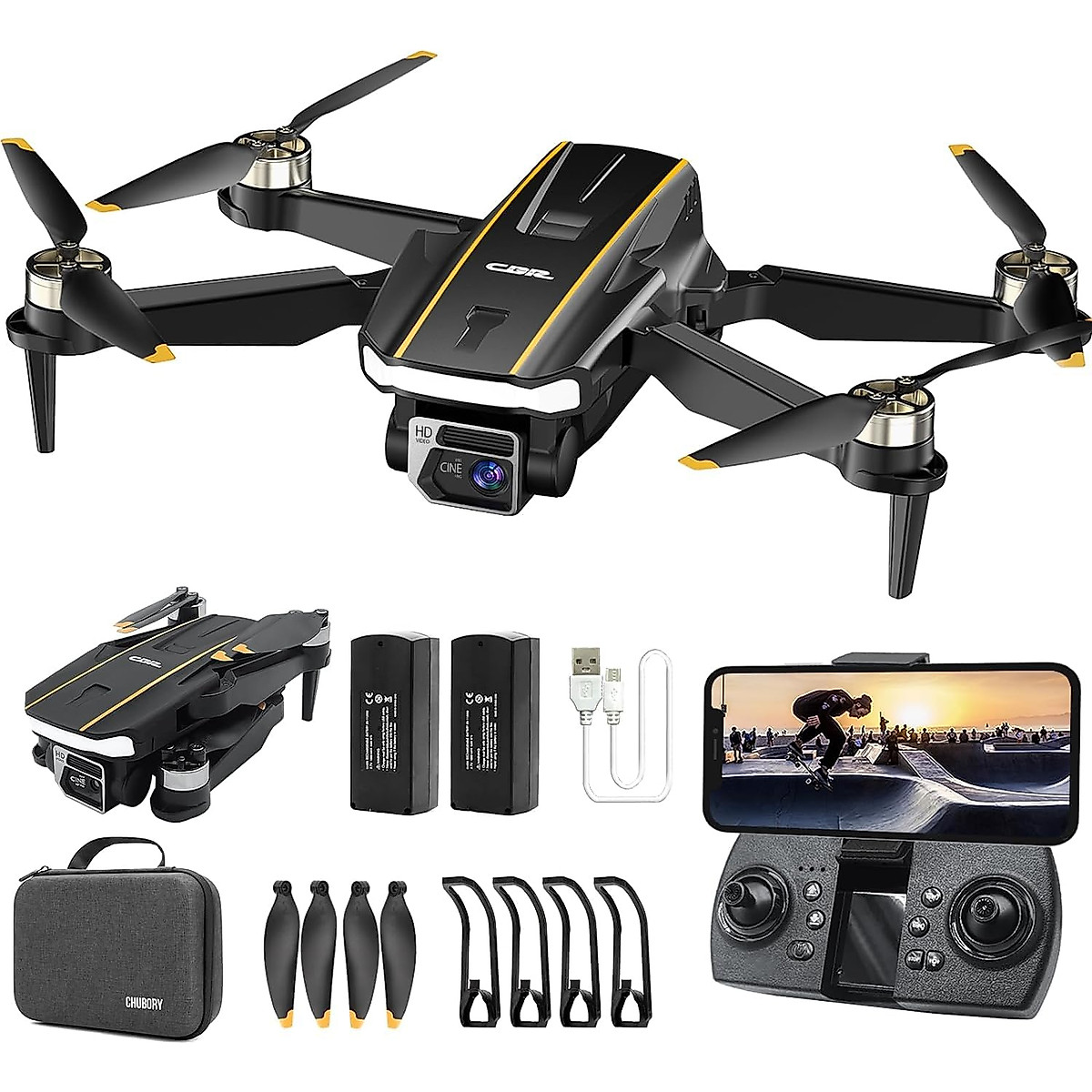 Super Enduring Brushless Motor Drone with Camera for Beginners, CHUBORY A68 WiFi FPV Quadcopter with 1080P HD Camera, Auto Hover, 3D Flips, Headless Mode, Trajectory Flight, 2 Batteries, Carrying Case