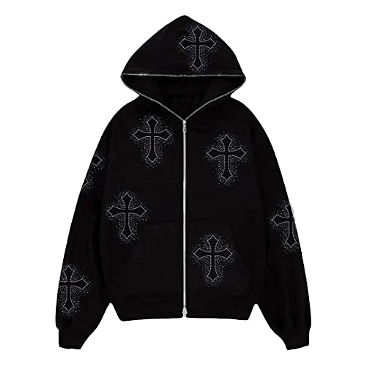 CosTribe Women 's Oversized Zip Up Sweatshirt Cross Rhinestone Jackets Y2K Long Sleeve Printed Hoodies Streetwear