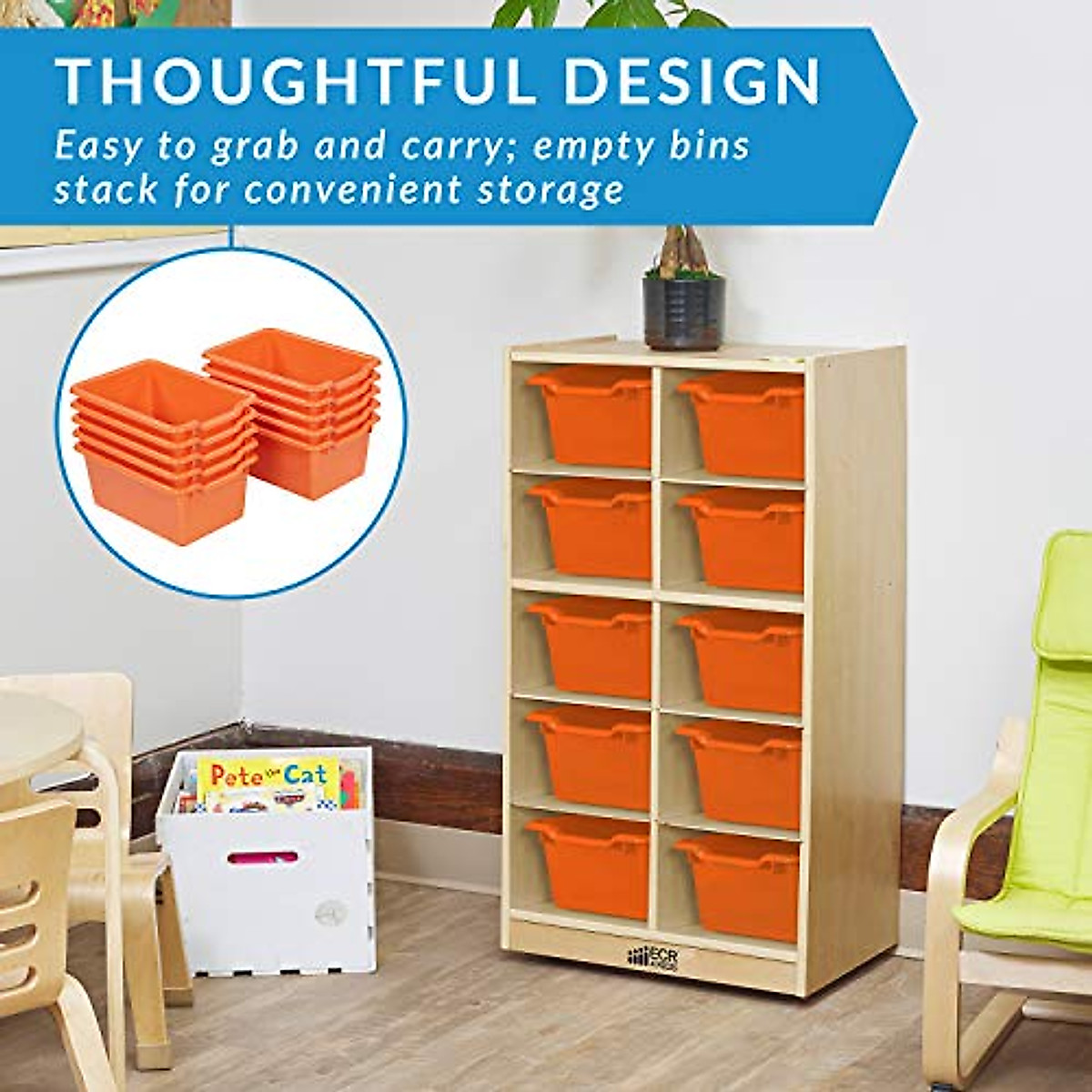 ECR4Kids Scoop-Front Storage Bins, Easy-to-Grip Design Storage Cubbies, Kid Friendly and Built to Last, Pairs with ECR4Kids Storage Units, 10-Pack, Orange