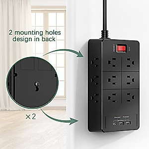 Power Strip with USB C - 12 Widely Outlets with 2 USB Charging Ports+1 USB C Total 3.1 A, 6 ft Long Heavy Duty Extension Cord,Overload Surge Protection, Surge Protector Wall Mount for Home (Black)