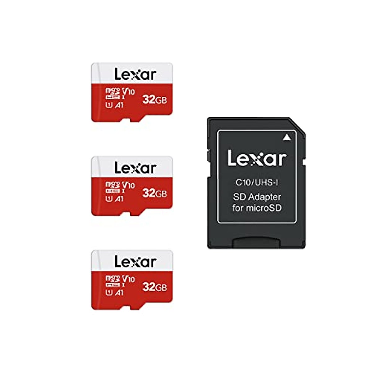 Lexar 32GB Micro SD Card 3 Pack, microSDHC UHS-I Flash Memory Card with Adapter - Up to 100MB/s, U1, Class10, V10, A1, High Speed TF Card (3 microSD Cards + 1 Adapter)