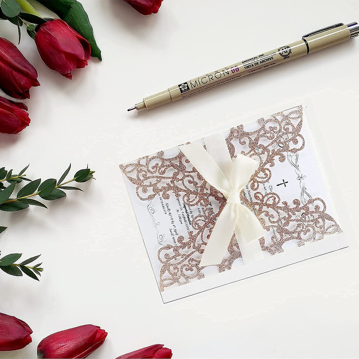 KALOPEZY 50PCS Wedding Invitation,Rose Gold invitations,Gold Powder Floral Laser Cut with Blank Inner Sheet, Envelopes and Ribbons for Party Wedding Engagement Bridal Bridal Shower Invite (Rose Gold)