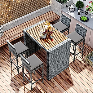 Tidyard 5-Pieces Outdoor Patio Wicker Bar Set, Bar Height Chairs with Non-Slip Feet and Fixed Rope, Removable Cushion, Acacia Wood Table Top Dining Set for Garden Patio Balcony