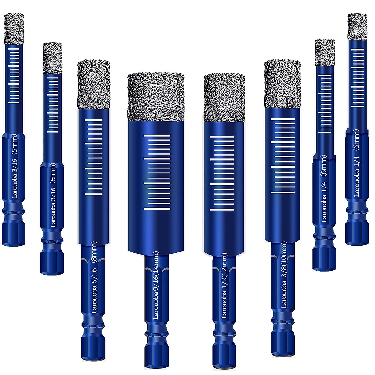 Larouoba 8 pc Diamond Drill Bit, Masonry Drill Bits Set for Porcelain Tile Ceramic Stone Granite Marble Hex Shank Diamond Hole Saw Drill Bit with Size 3/16” to 9/16” (Blue)