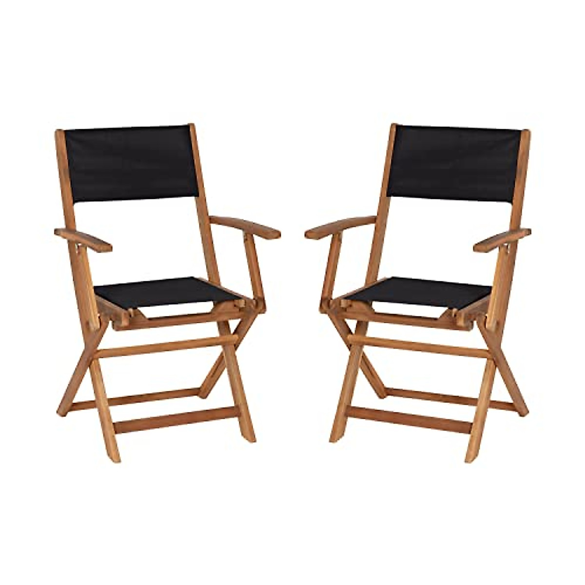 Merrick Lane Stora Set of 2 Indoor/Outdoor Acacia Wood Folding Patio Bistro Armchairs with Black Textilene Mesh Back and Seat, Natural