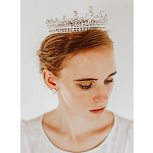 SWEETV Full Round Tiaras and Crowns for Women, Wedding Tiara for Bride, Crystal Queen Crown for Pageant Birthday Party Cake Topper, Silver