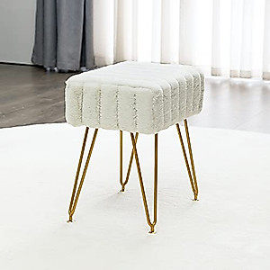 Modern Mink Square Footstool Ottoman Bench, White Faux Fur Vanity Stool with Gold Legs, Comfy Vanity Chair Entryway Bench, Makeup Stools for Vanity, Plush Fluffy Footrest for Bedroom, Living Room