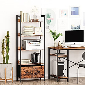Furologee 5-Tier Bookshelf, Tall Bookcase with 2 Storage Drawers, Industrial Display Standing Shelf Units, Wood and Metal Storage Shelf for Living Room, Bedroom, Home Office, Rustic Brown
