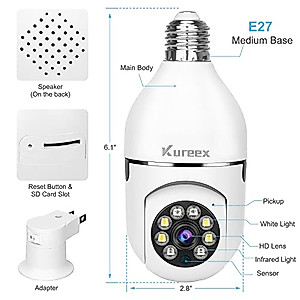 Kureex Light Bulb Camera, 3.0MP Wireless 2.4 GHz WiFi Security Camera, Tuya App, 360° PTZ Night Vision, Human Motion Detection & Alarm