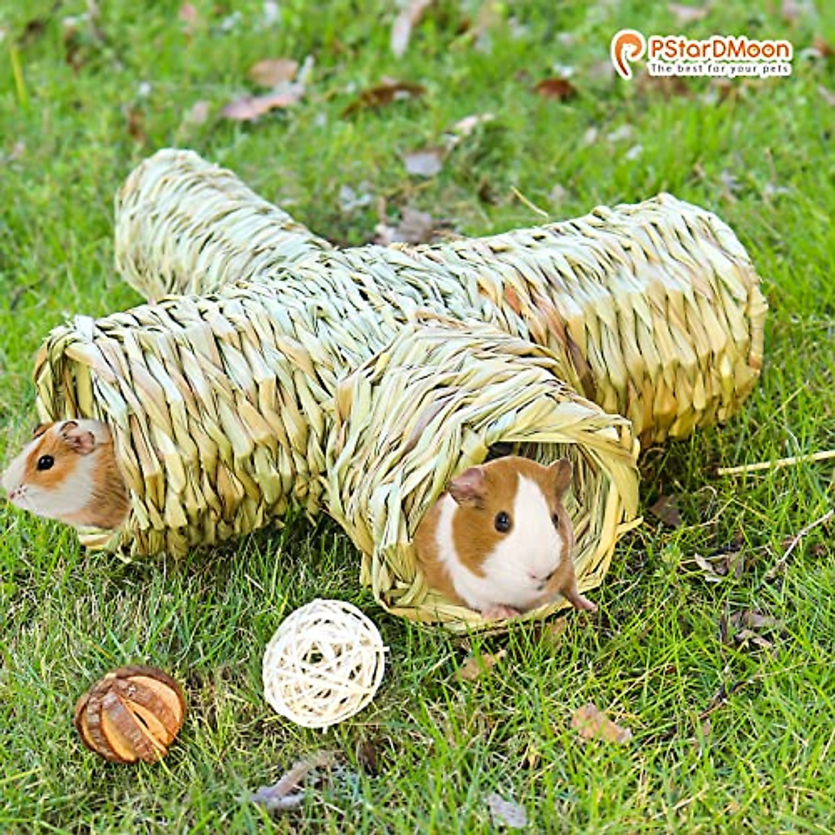 PStarDMoon Hamster Grass Tunnel Toy with Balls Nature's Hideaway Straw House with 4 Open Entrance Guinea Pig Tunnels and Tubes Toys for Rats,Syrian Gerbil,Ferrets,Little Rabbit (Style 1)