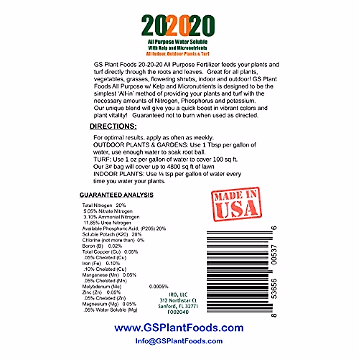 20-20-20 Plant Fertilizer by GS Plant Foods- All Purpose Water Soluble Plant Food with Kelp & Micronutrients (3 Pounds) - Suitable for All Plants, Turf, Indoor & Outdoor Plants