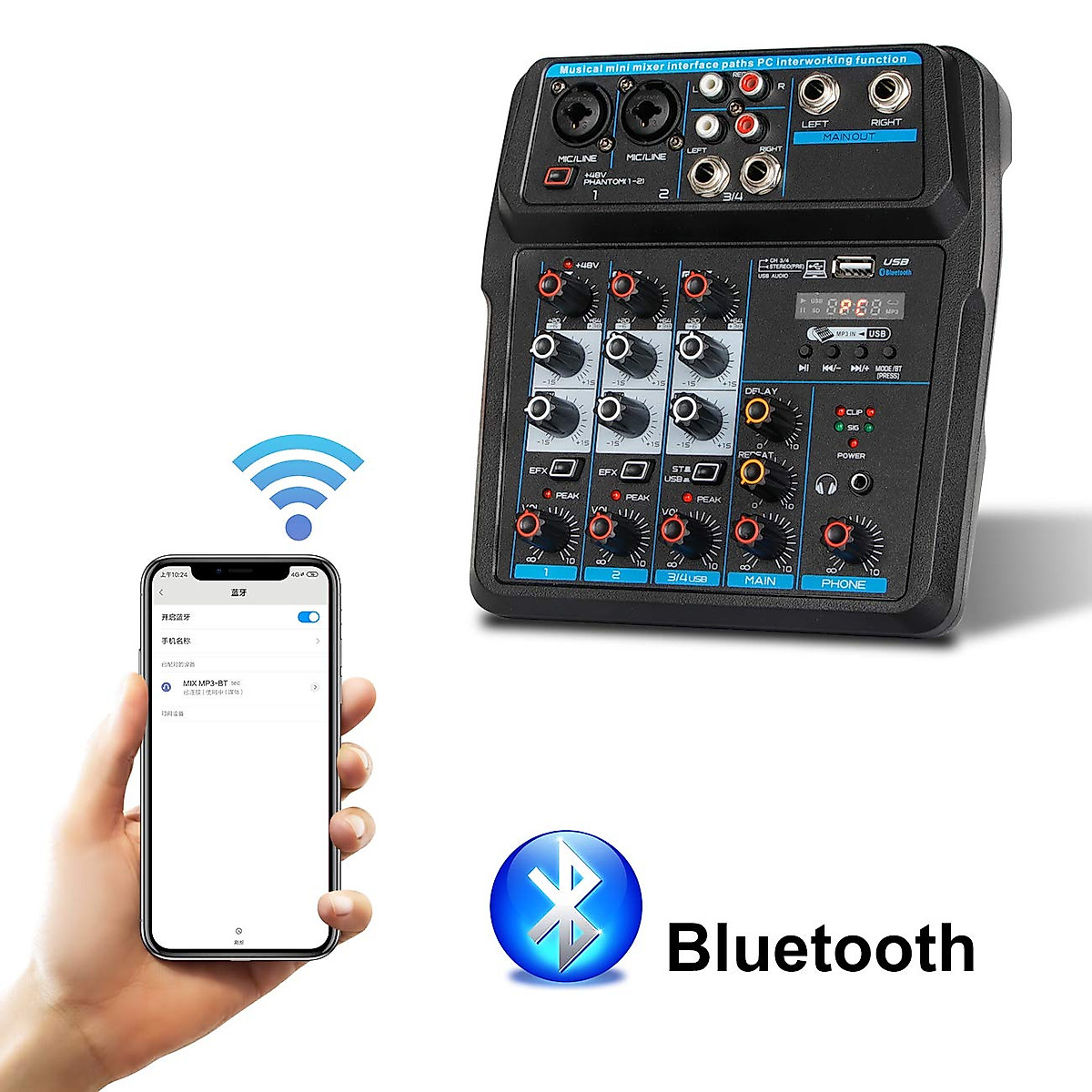 Depusheng U4 Portable Mini Mixer 4 Channel Audio DJ Console with Sound Card, USB, 48V Phantom Power for PC Recording Singing Webcast Party