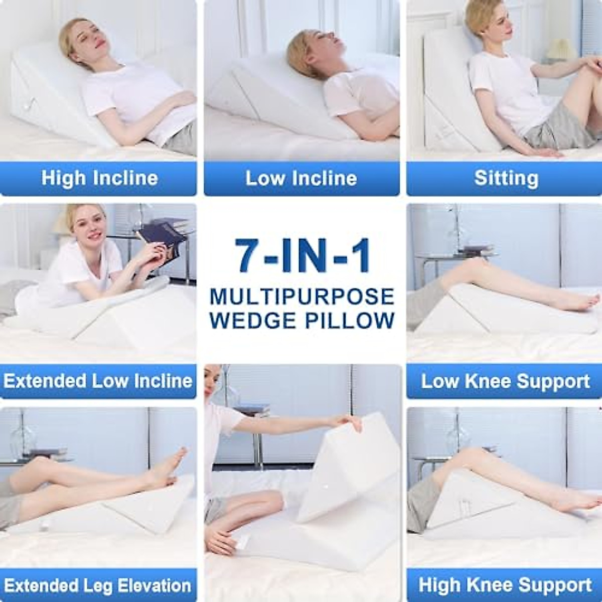 ROCYJULIN Wedge Pillow for Sleeping, 9 & 12 Inch Adjustable Memory Foam Incline Elevated Pillow Wedge, Triangle Wedge Pillows for After Surgery, Acid Reflux and Snoring, White