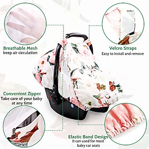 Car Seat Covers for Babies Girl Boy, Cozy Sun & Bug Cover, Infant Carseat Canopy Newborn Stroller Carrier Cover with Breathable Zipper Peep Window, Watercolor Pink Flower