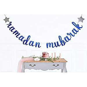 Blue Ramadan Kareem Banner with Silver Stars Hanging Banners Eid Festival Party Decoration